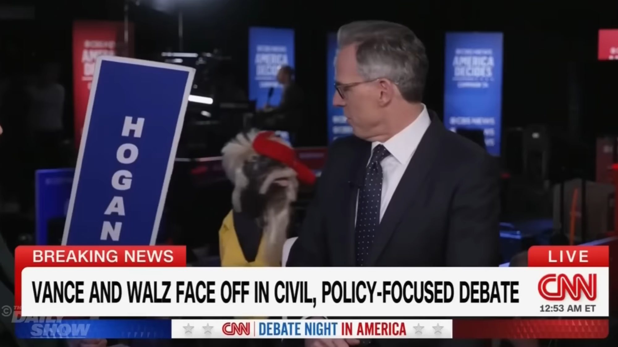 The Daily Show Reporter Triumph Takes On VP Debate Spin Room (Video)