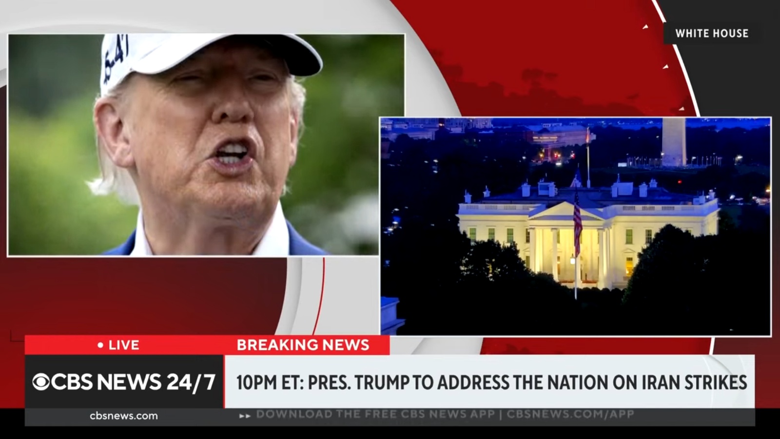 Trump Addressing Iran Strike at 10PM ET; ABC, NBC, CBS Live Coverage